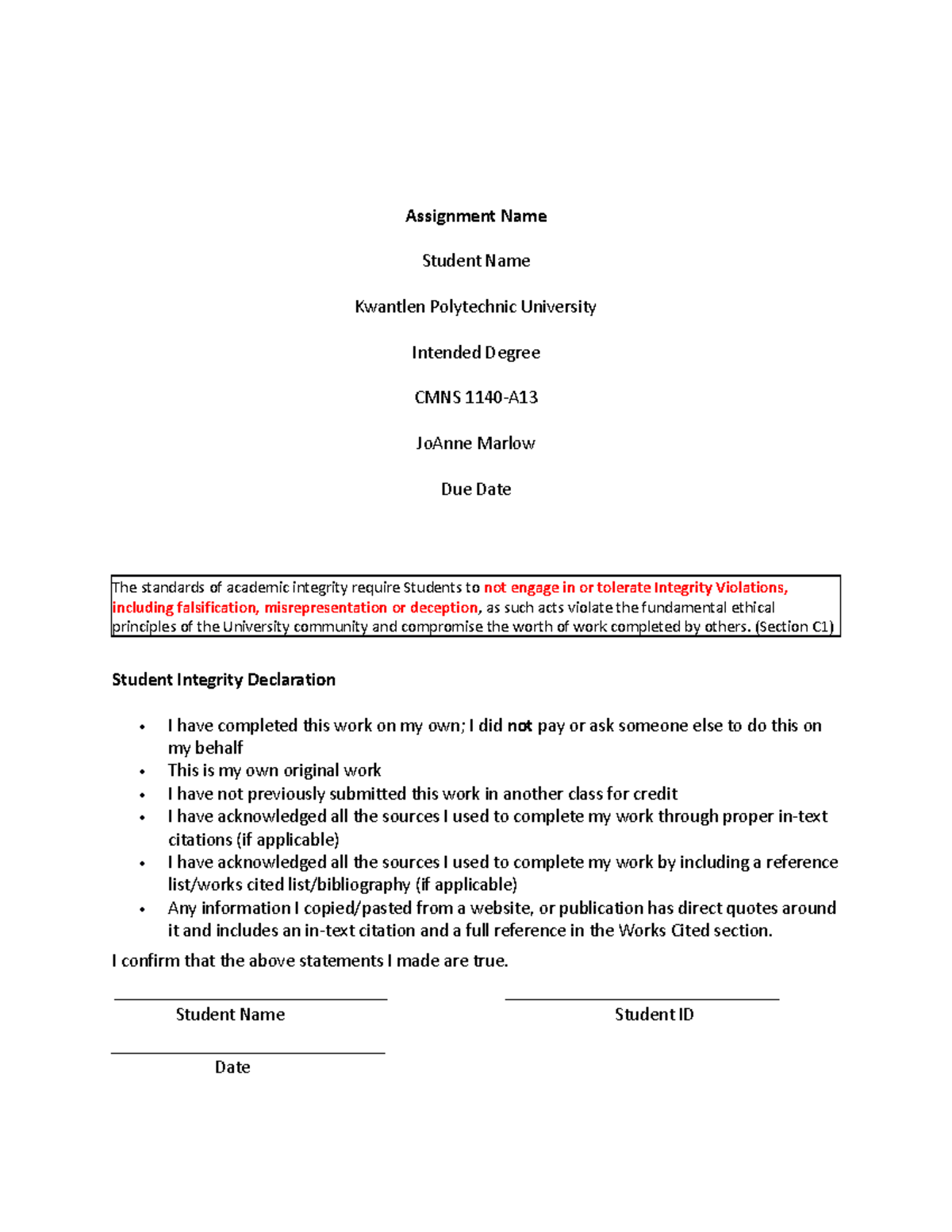 Cover Page Template R10 - Assignment Name Student Name Kwantlen ...