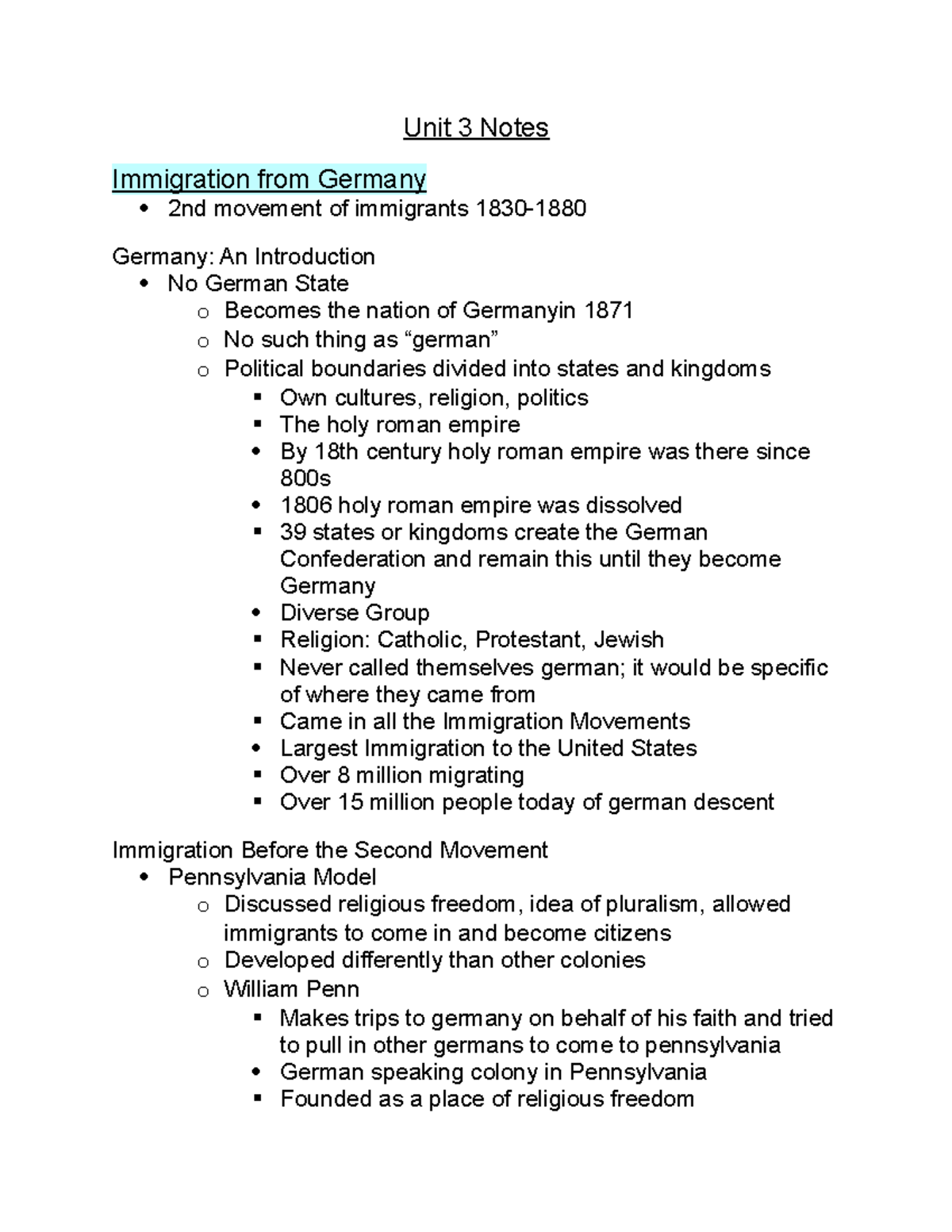 AMH2097 Unit 3 Notes - Unit 3 Notes Immigration from Germany 2nd ...