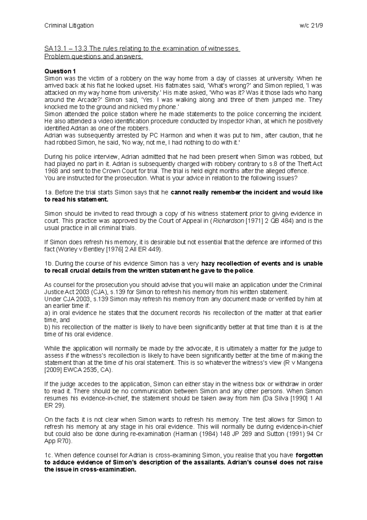 Tutorial questions and answers-rules relating to the examination of witnesses - SA13 – 13 The ...