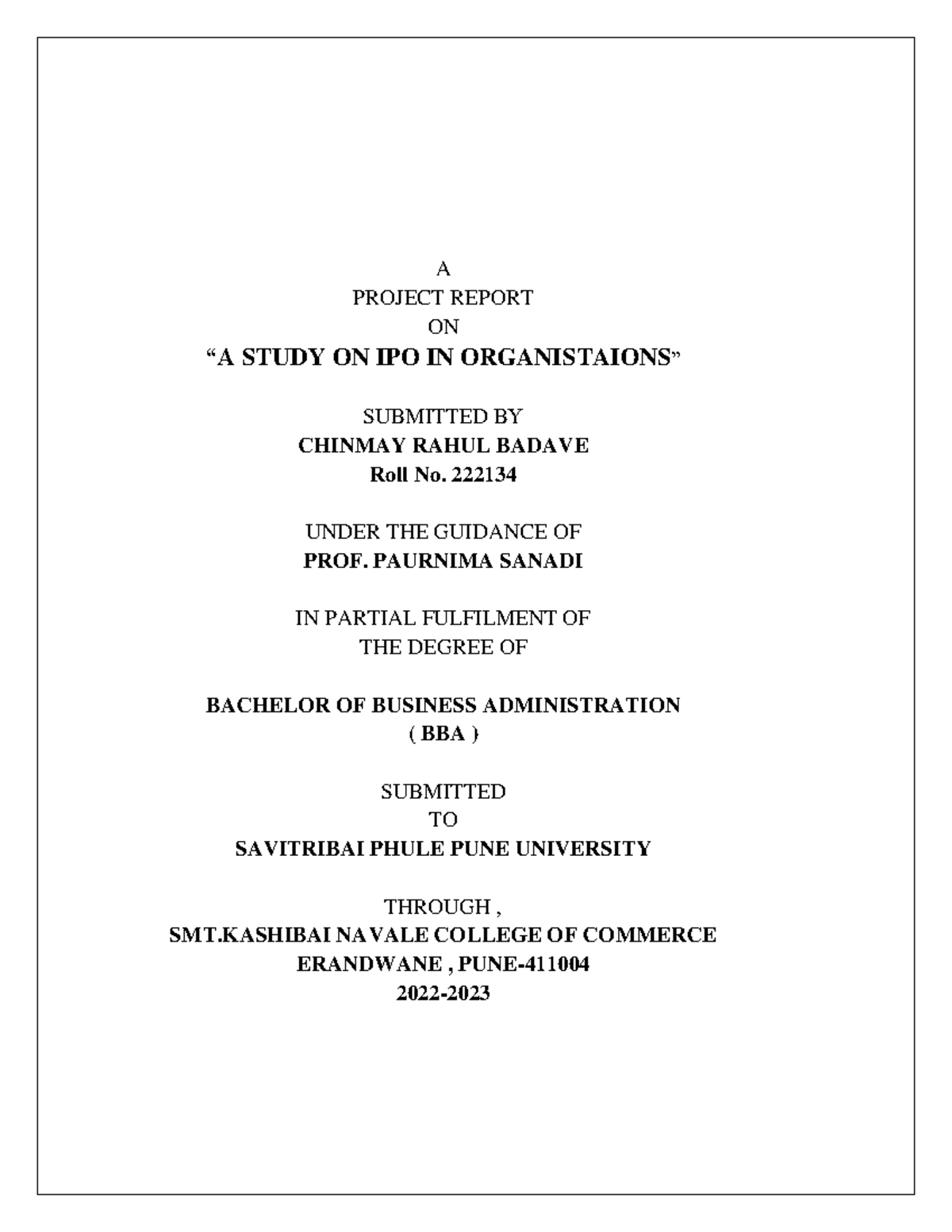 222134 IPO - Accounts Project BBA - A PROJECT REPORT ON “A STUDY ON IPO ...