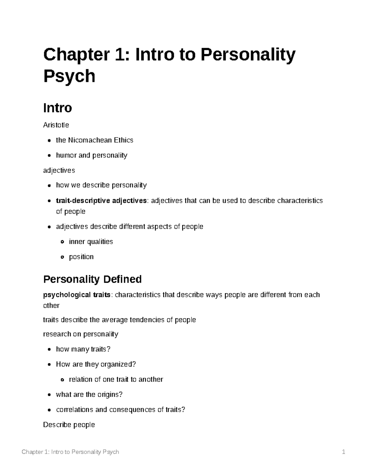 Textbook Notes-Chapter 1: Intro to Personality Psychology - Chapter 1 ...