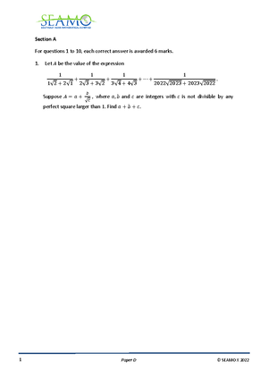 Seamo Paper D 2016-2018 WITH Solutions - MATH 999 - Studocu