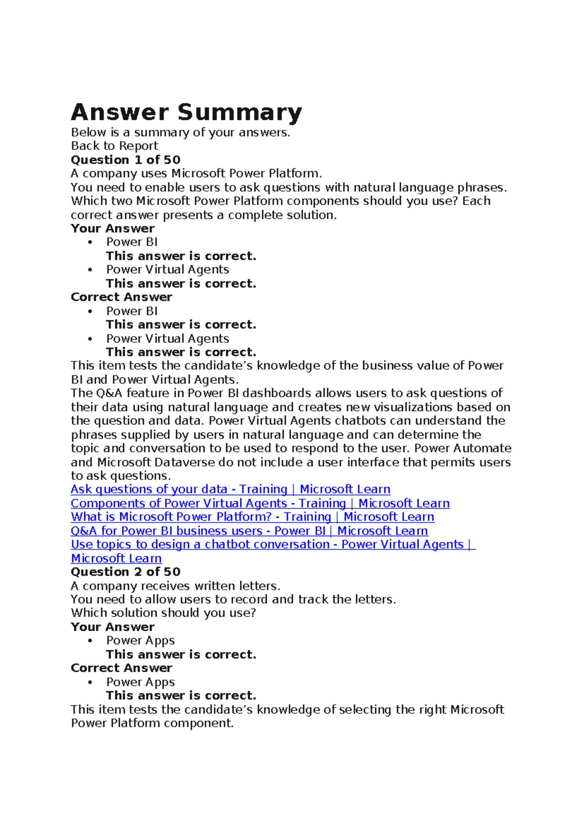 PL-900 Practise 1 - Answer Summary Below is a summary of your answers ...
