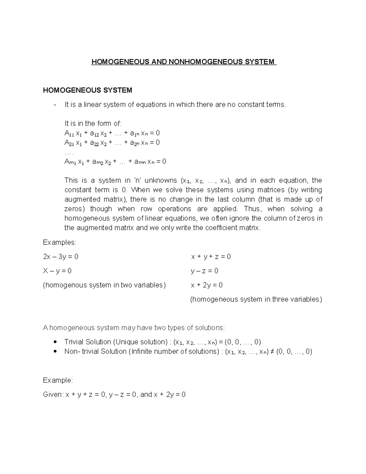 Homogenous and Nonhomogenenous System - HOMOGENEOUS AND NONHOMOGENEOUS ...