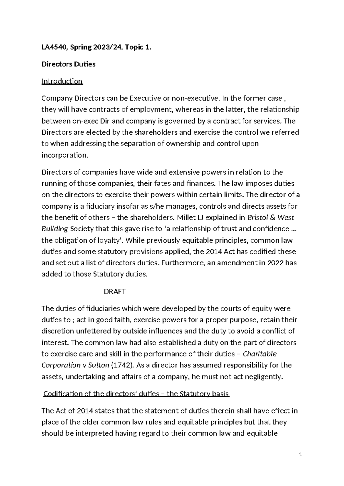 Topic 1 Notes on Directors Duties - LA4540, Spring 2023/24. Topic 1 ...