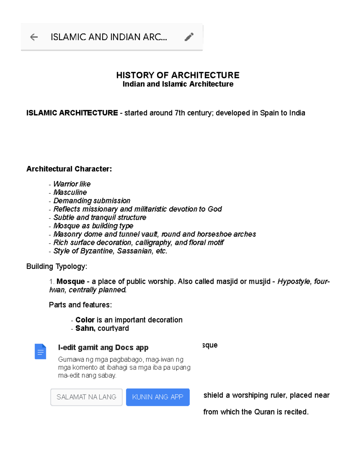 Hoa reviewer - Hoa - HISTORY OF ARCHITECTURE Indian and Islamic ...