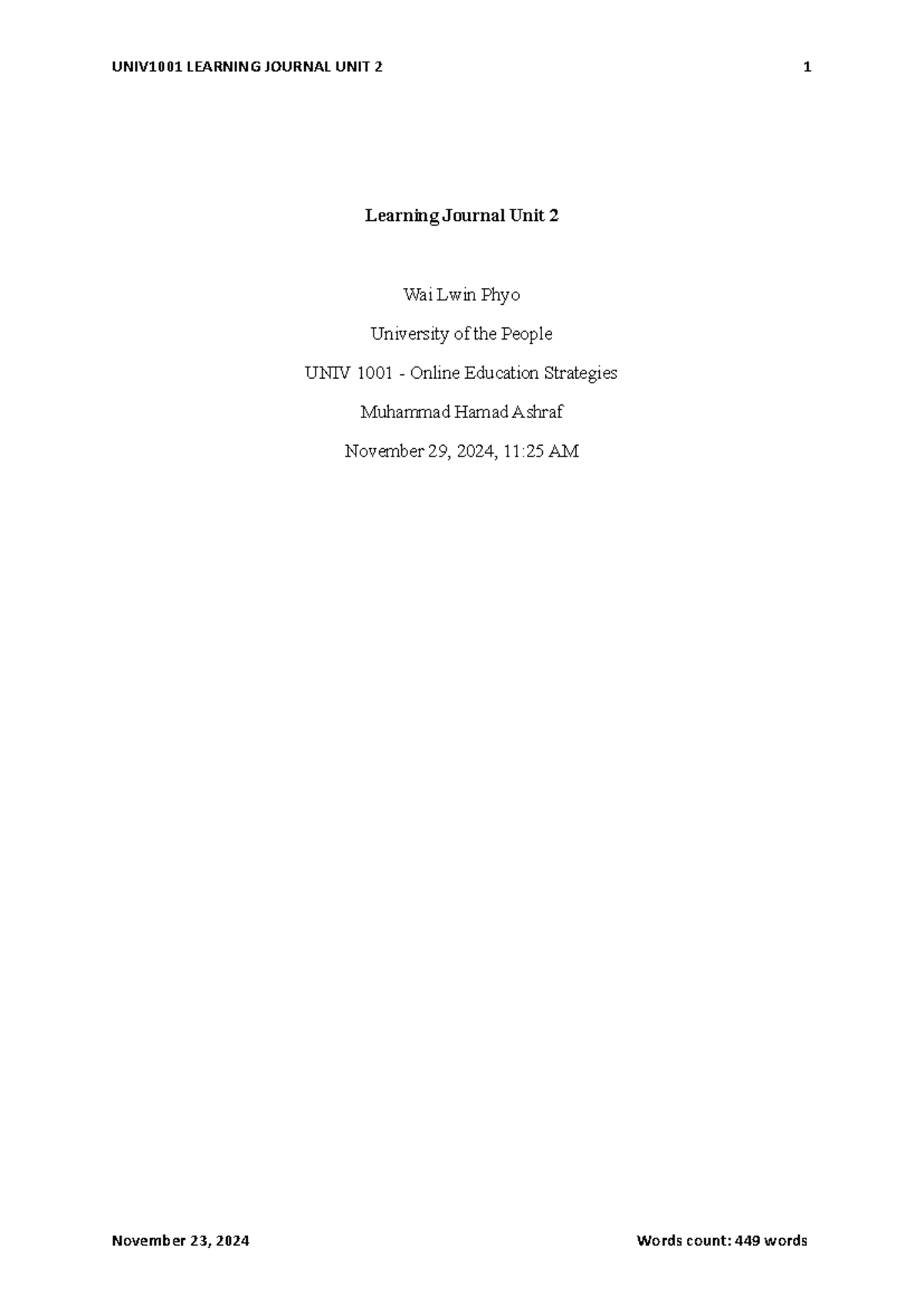 2. UNIV 1001 - Unit 2 Learning Journal - Online Education Strategies ...
