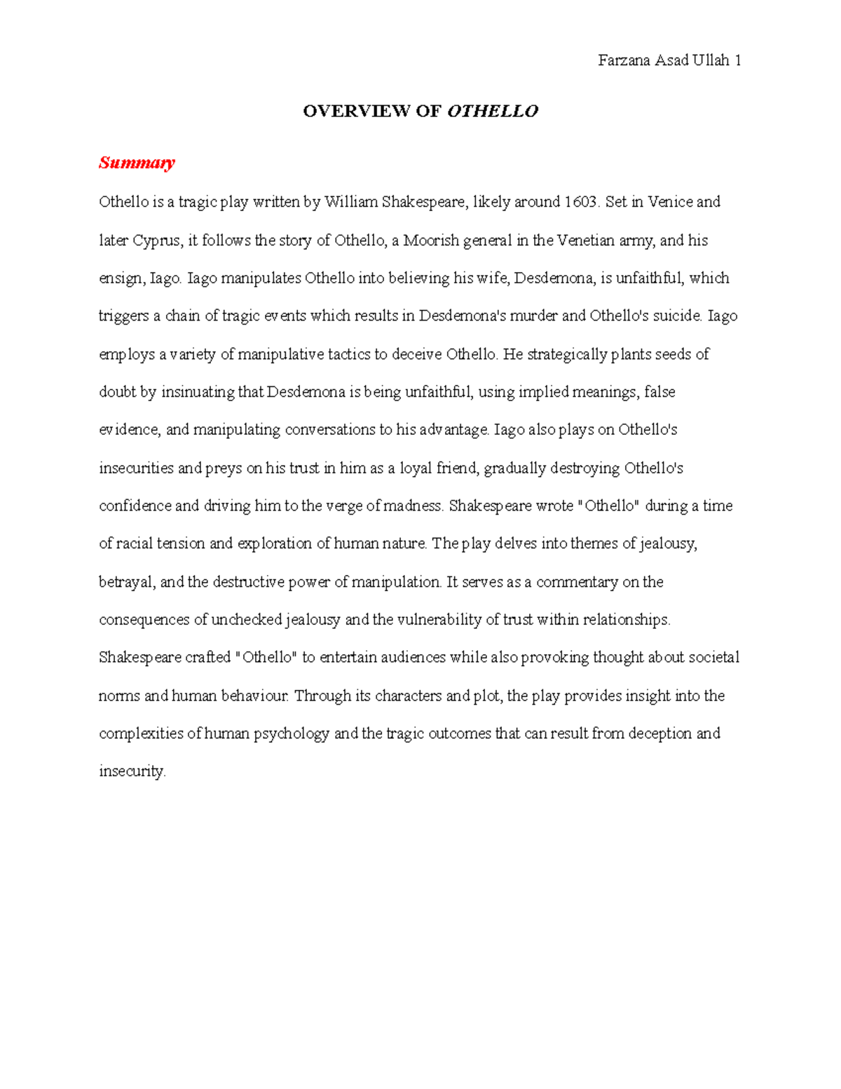 Othello Analysis Notes - OVERVIEW OF OTHELLO Summary Othello is a ...