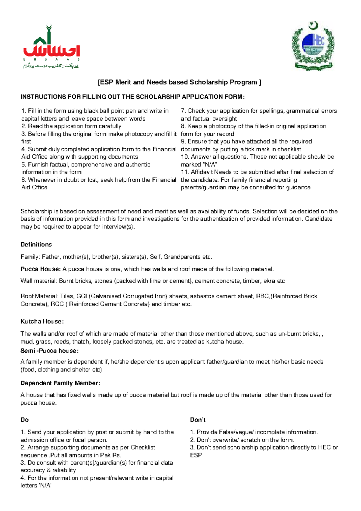 ESP - Application Form - Good - Scholarship is based on assessment of ...