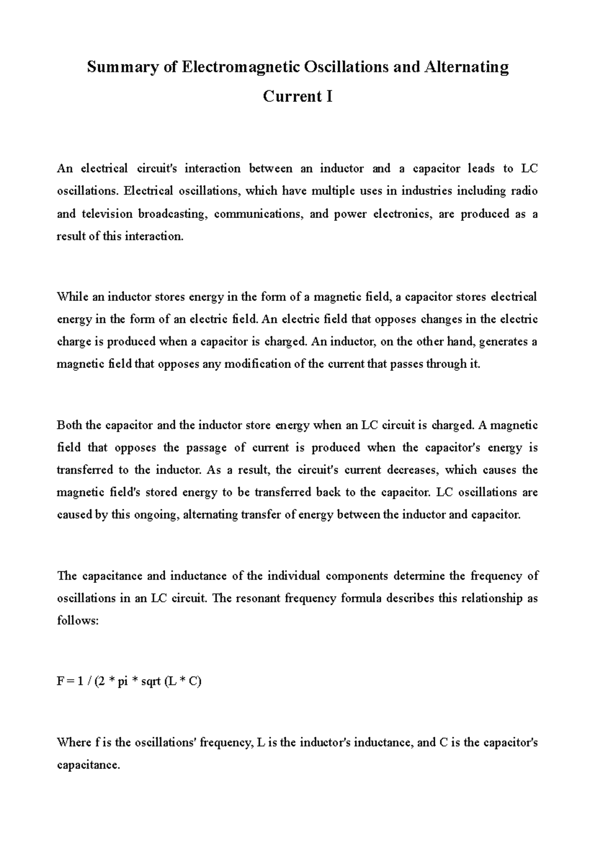 Summary of Electromagnetic Oscillations and Alternating Current 1 - Electrical oscillations ...