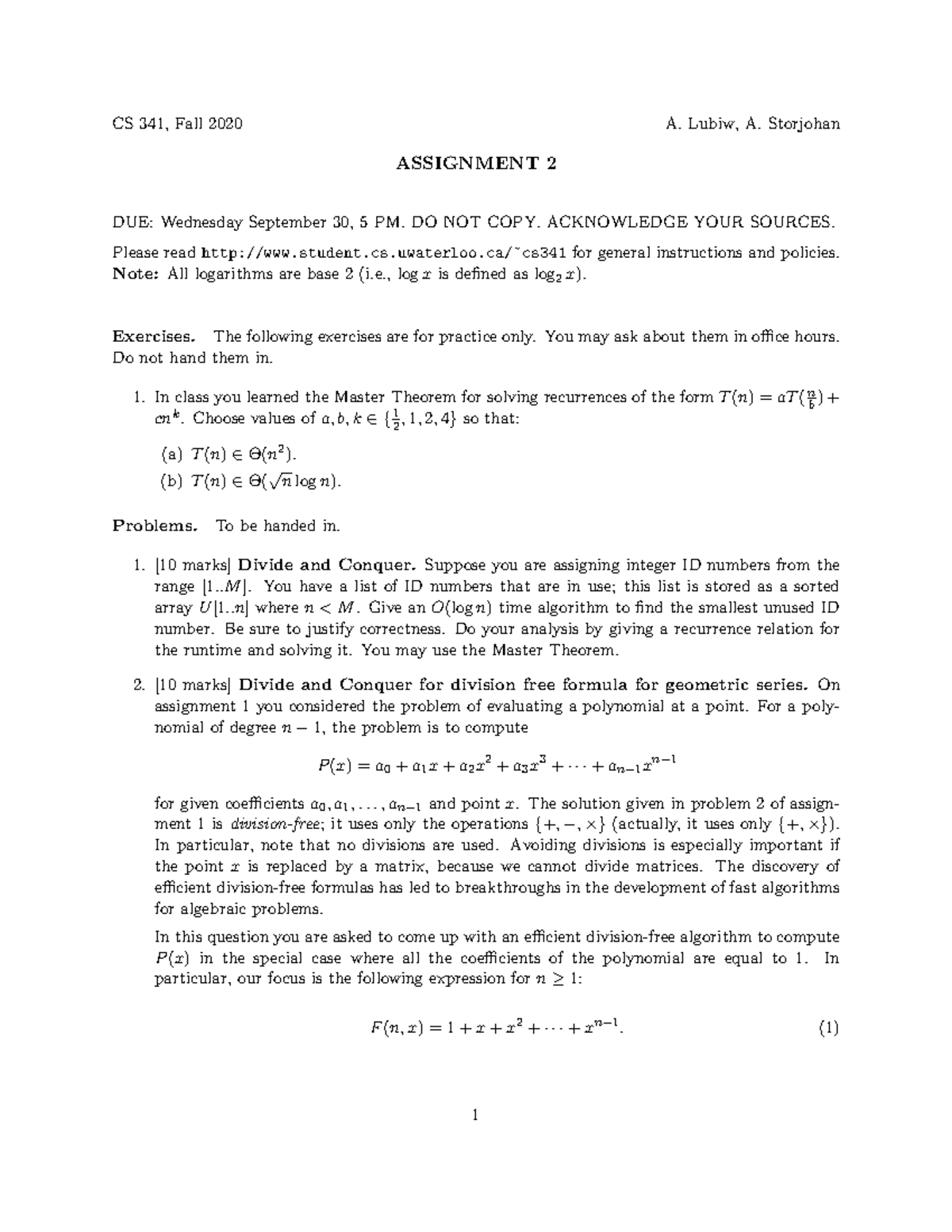 CS341 Assignment 2 Fall 2020 - CS 341, Fall 2020 A. Lubiw, A. Storjohan ASSIGNMENT 2 DUE ...