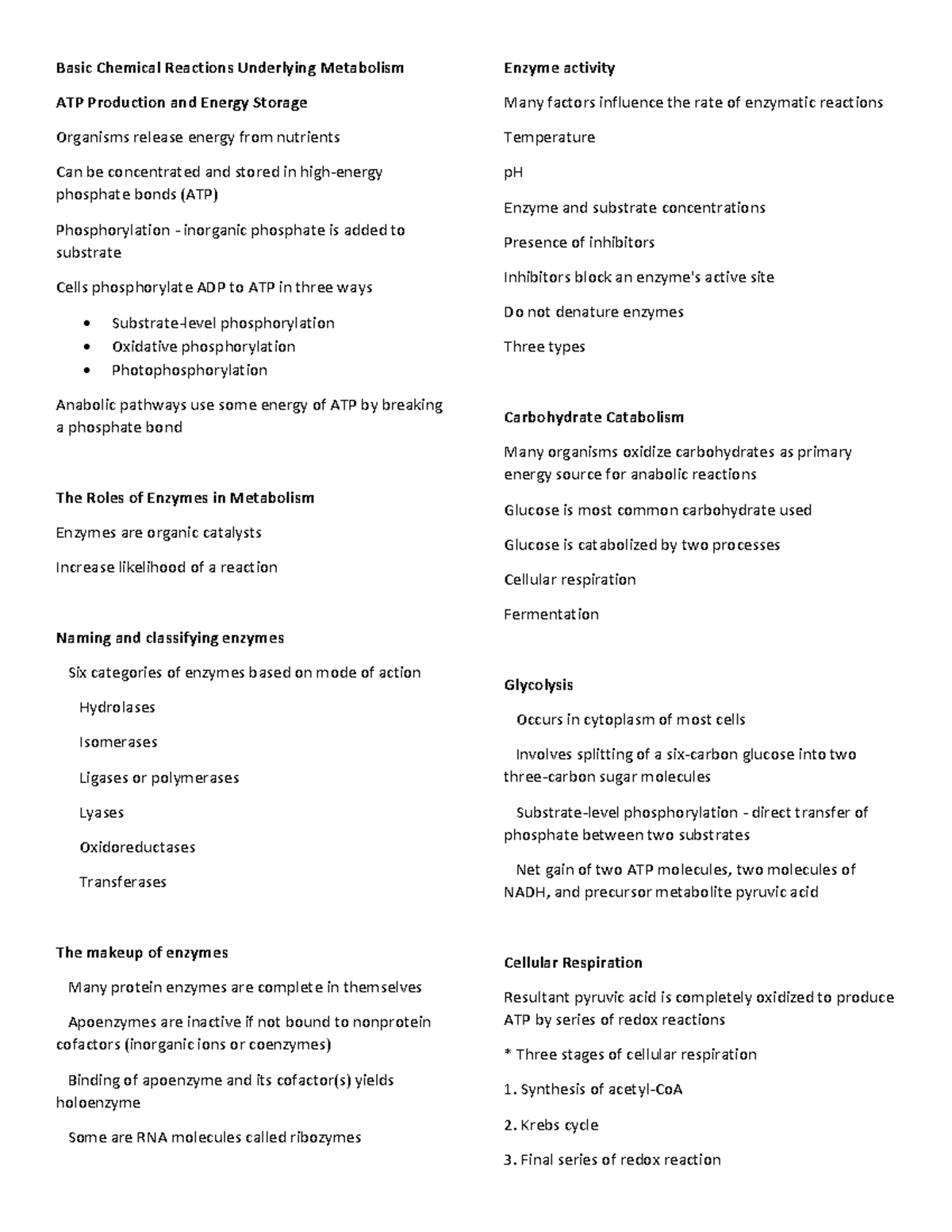 Cell metabolism - Content of the note includes: Naming and ...