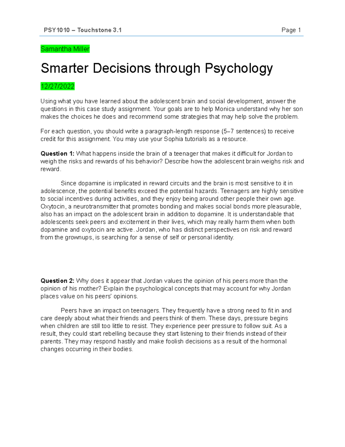 PSY1010 Case Study 1 Template - Samantha Miller Smarter Decisions ...