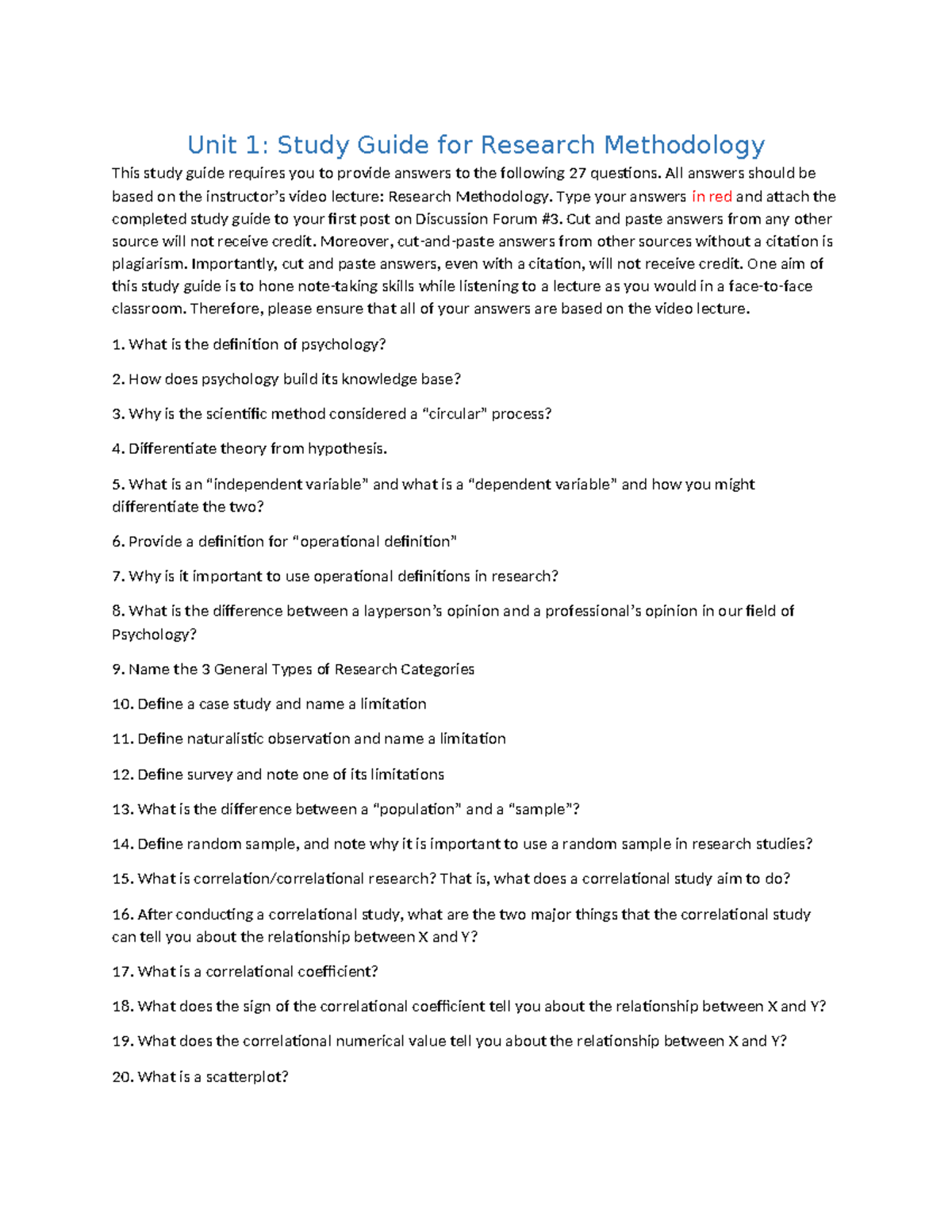 General Psych Study Guide Research Methodology - Unit 1: Study Guide ...