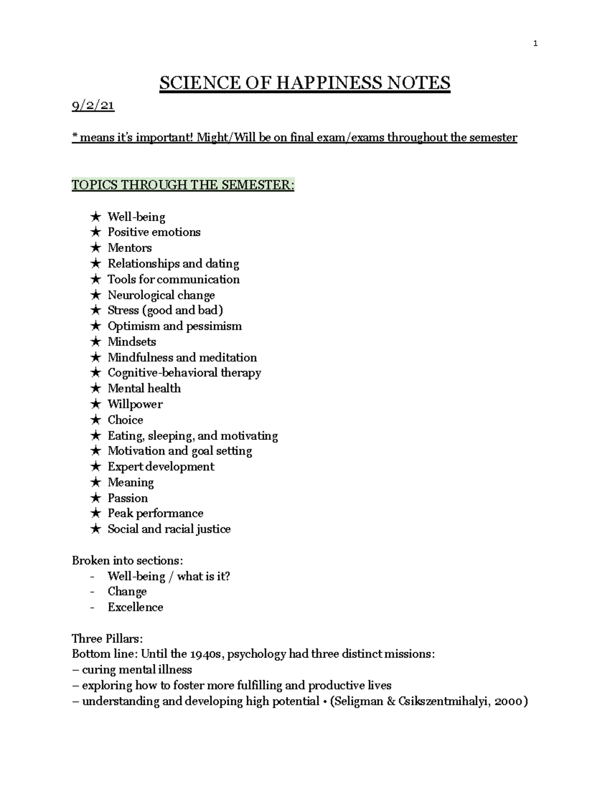 Science OF Happiness Notes - SCIENCE OF HAPPINESS NOTES 9/2/ means it’s ...