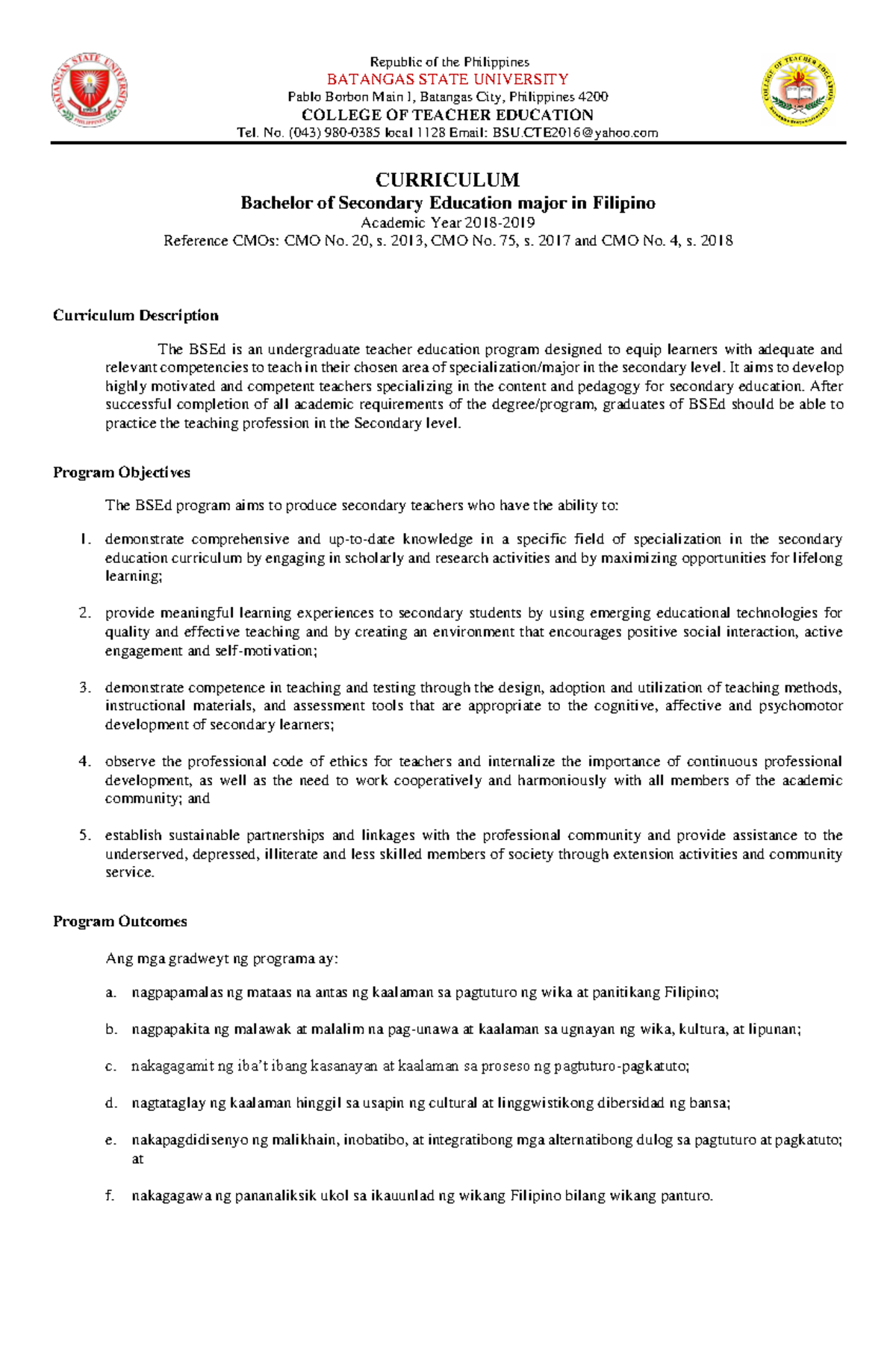 Bachelor of Secondary Education major in Filipino - Republic of the ...