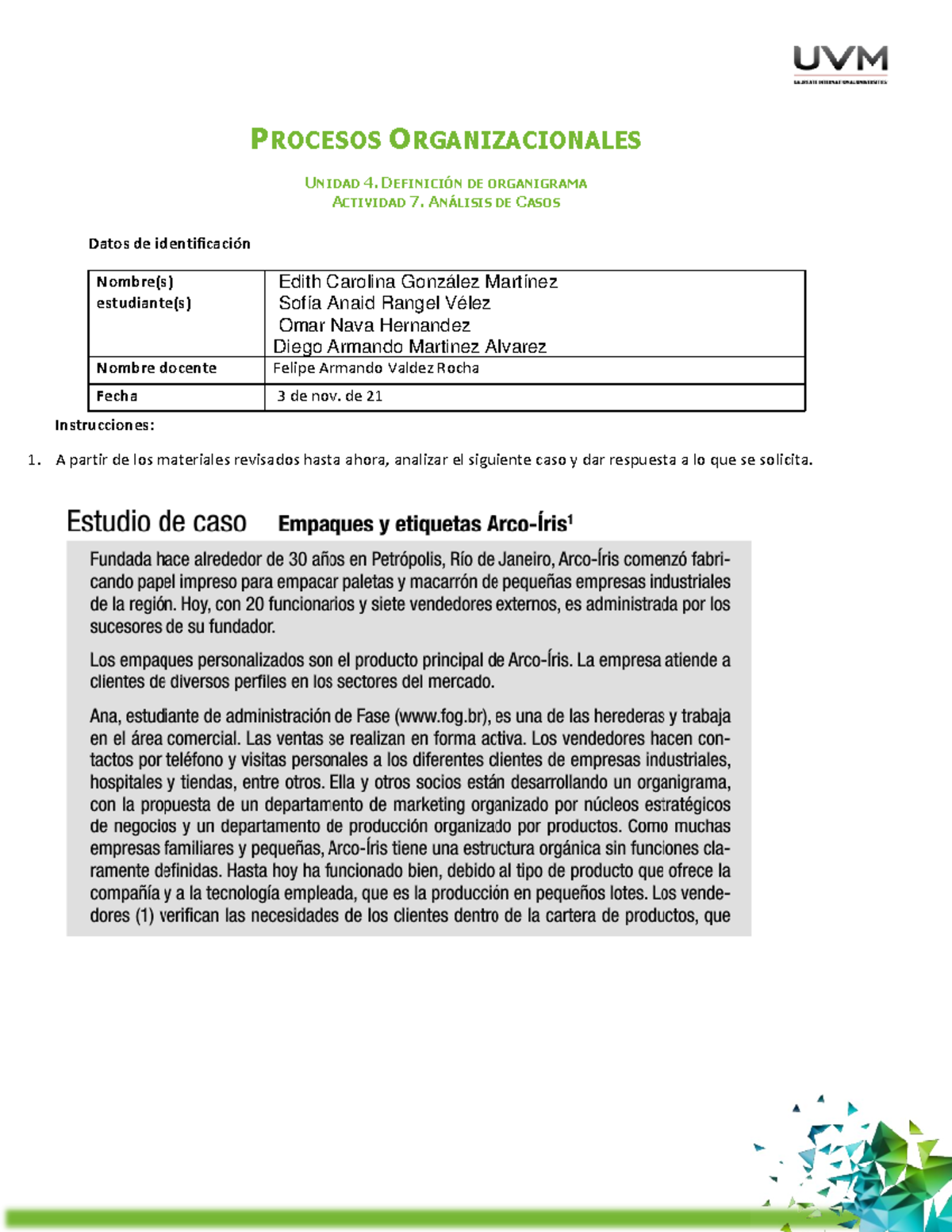 Trabajo en equipo_ analisis de caso #2. Procesos - Procesos Organizacionales - UVM - Studocu