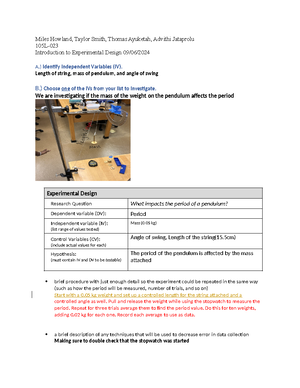 Pendulum lab - lab report - Kennedy Klaer 9/24/ Phys 105L Section 002 ...