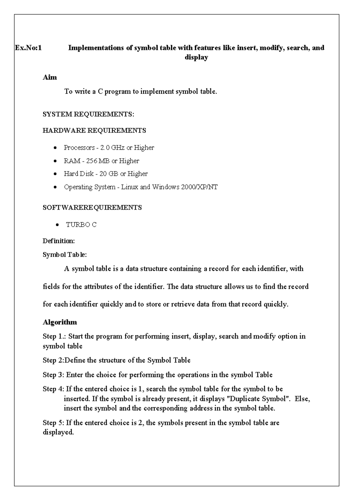 Cd Compiler Manual Ex 1 Implementations Of Symbol Table With Features Like Insert Modify