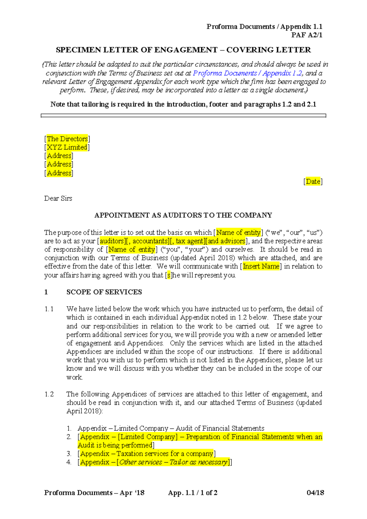 1.1 PAF A2-1 Specimen Letter of Engagement - Covering Letter - Proforma ...