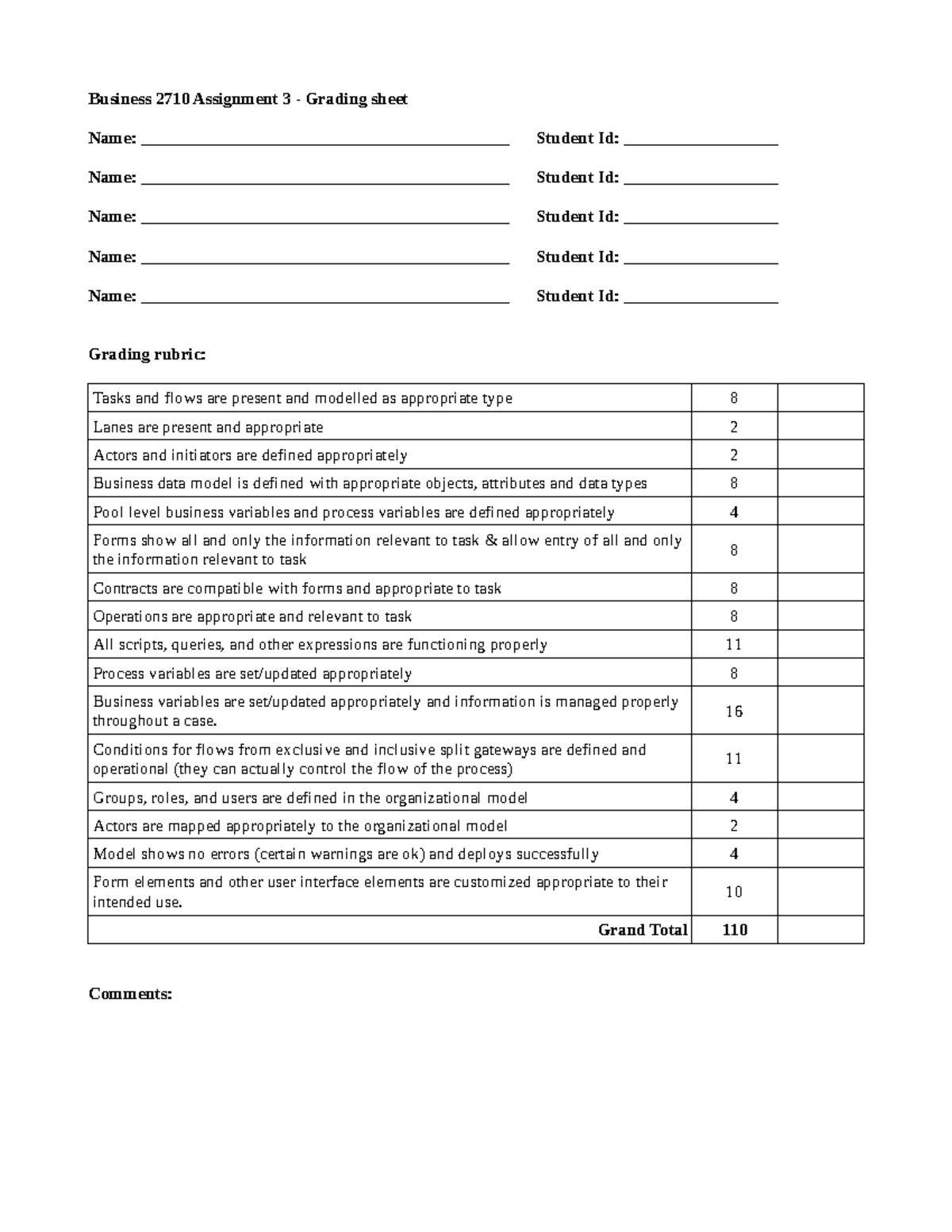 Assignment 3 grading sheet - Business 2710 Assignment 3 - Grading sheet ...