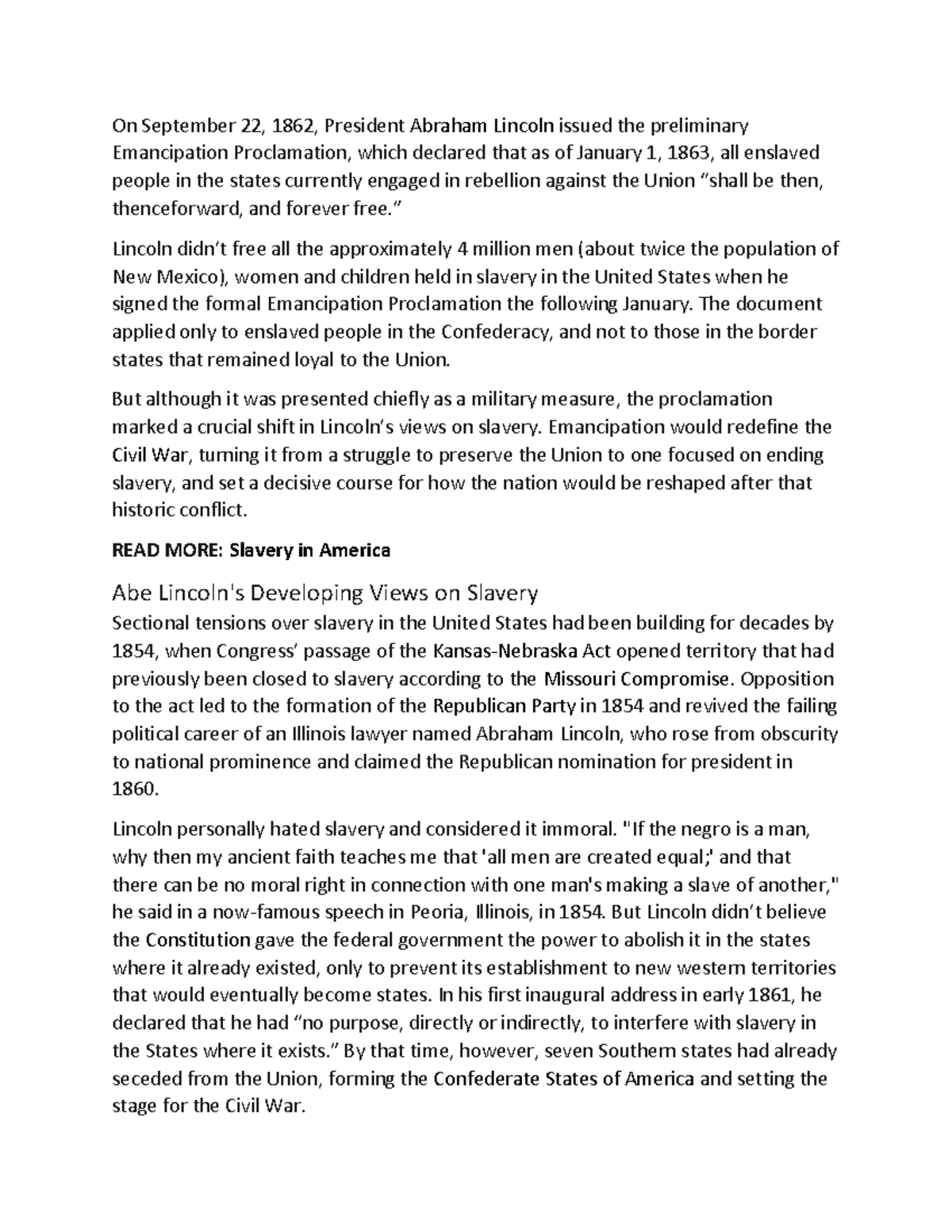 Emancipation Proclimation Notes - On September 22, 1862, President ...