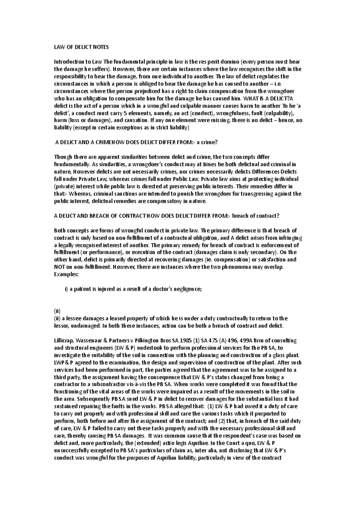 LAW OF Delict A Notes Complete - LAW OF DELICT NOTES Introduction to ...