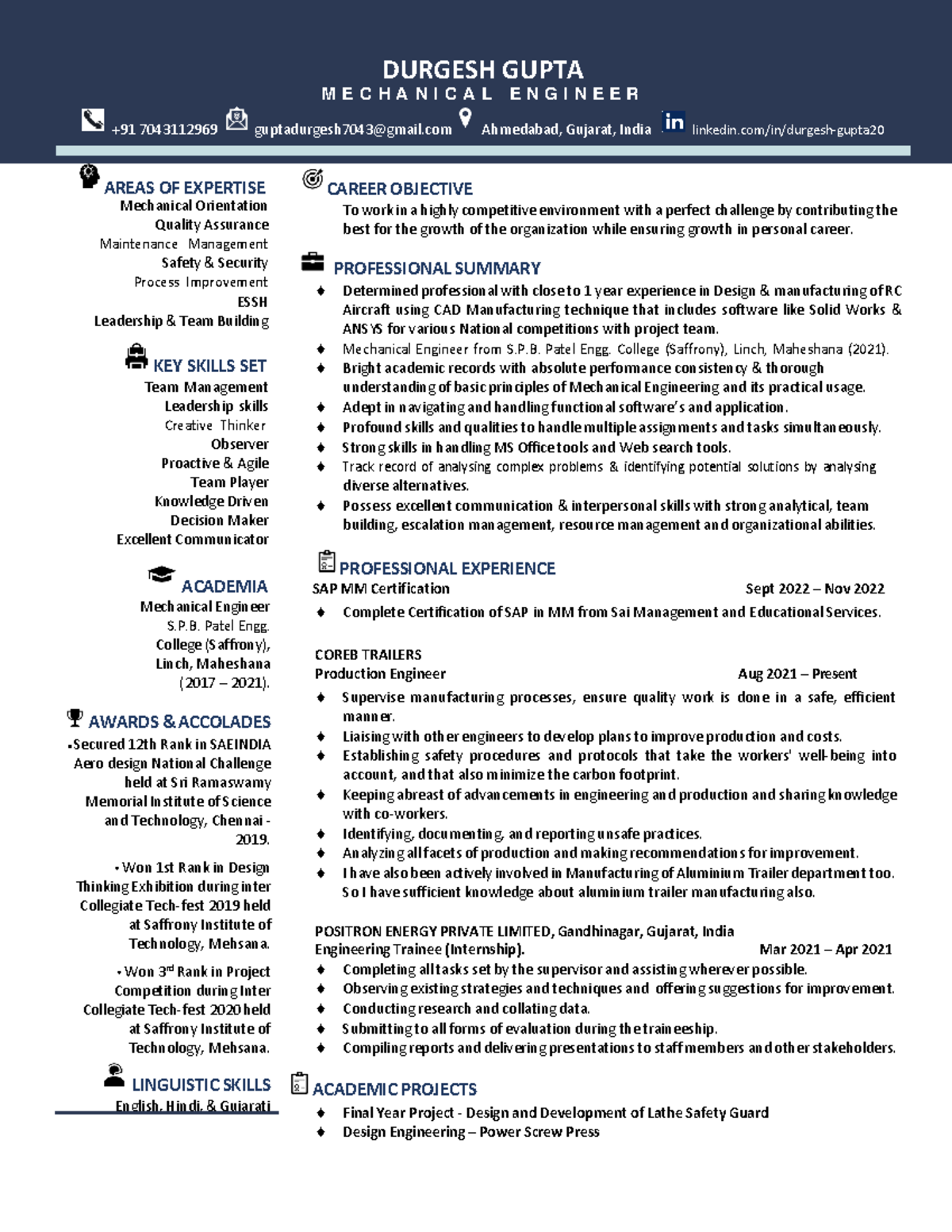 Durgesh S Gupta CV.. - DURGESH GUPTA M E C H A N I C A L E N G I N E E R +91 7043112969 - Studocu