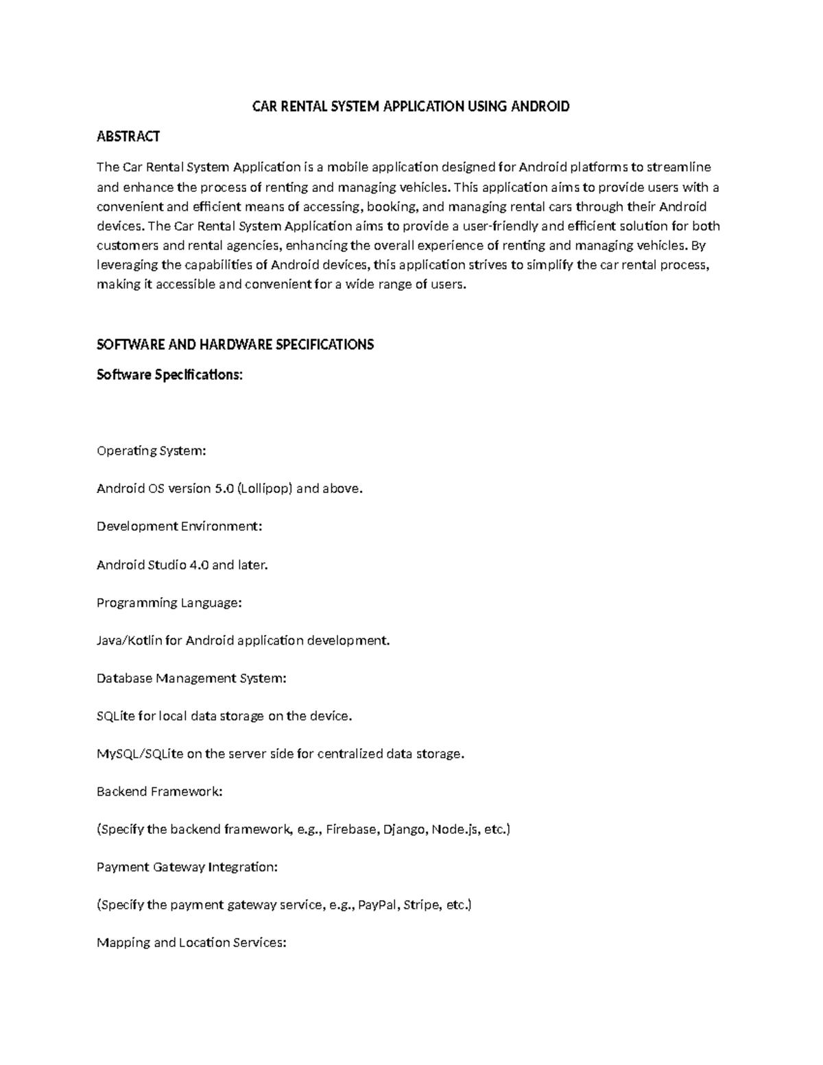 Car rental system - project - CAR RENTAL SYSTEM APPLICATION USING ANDROID ABSTRACT The Car ...