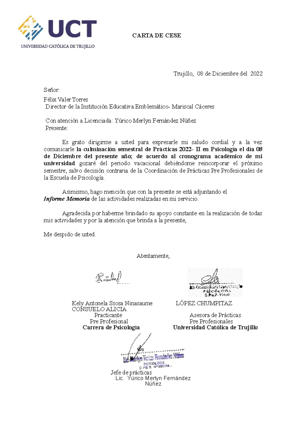 Carta DE CESE - CARTA DE CESE Trujillo, 08 de Diciembre del 2022 Señor ...