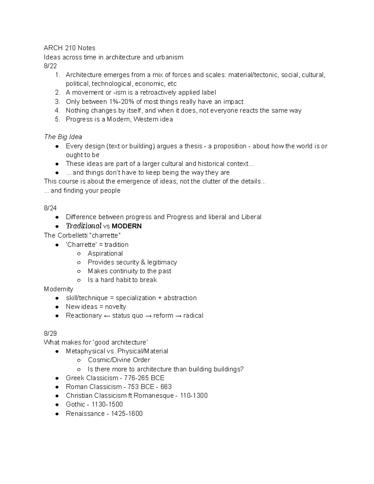 ARCH 210 Notes - ARCH 210 Notes Ideas across time in architecture and ...