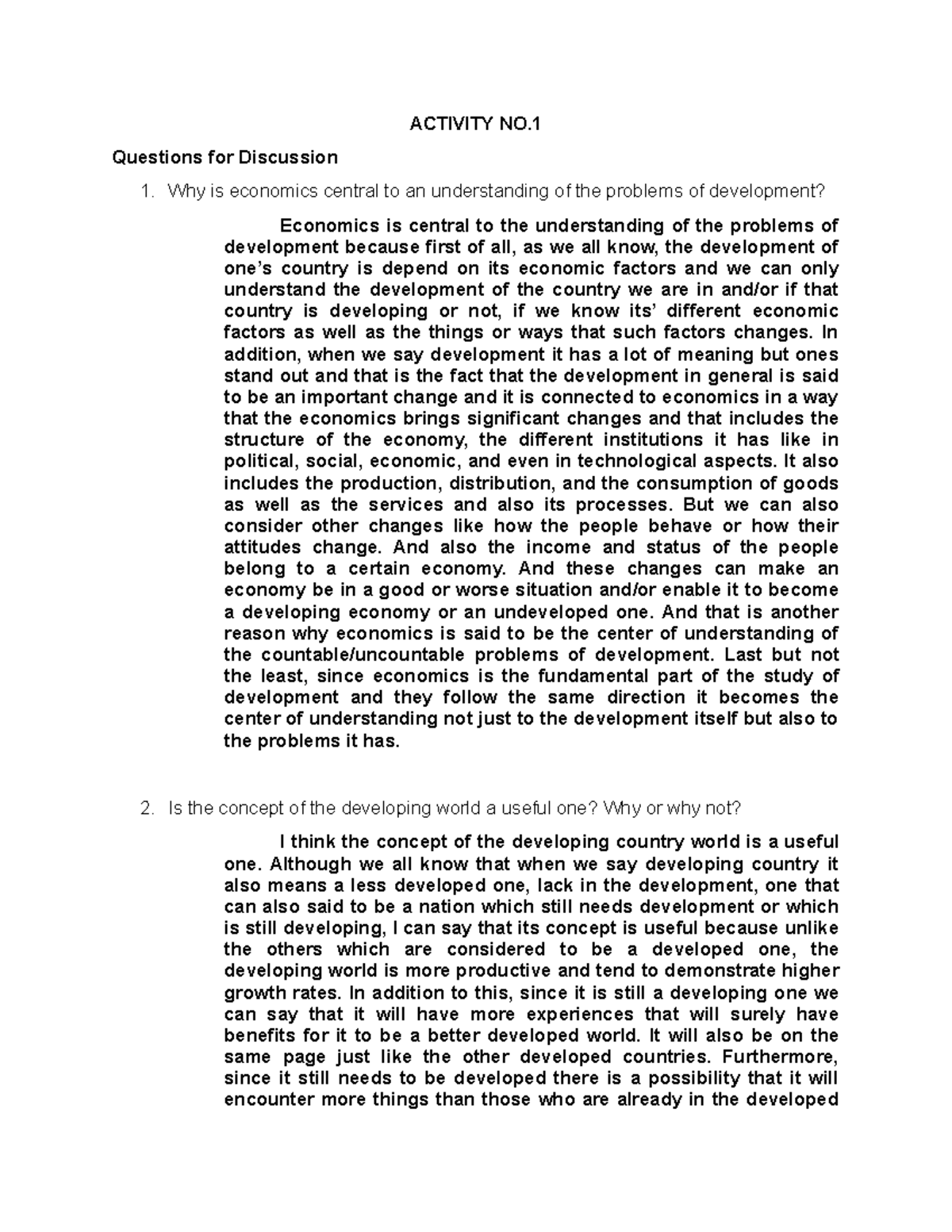 ECO 310 Activity - Economics - ACTIVITY NO. Questions for Discussion ...