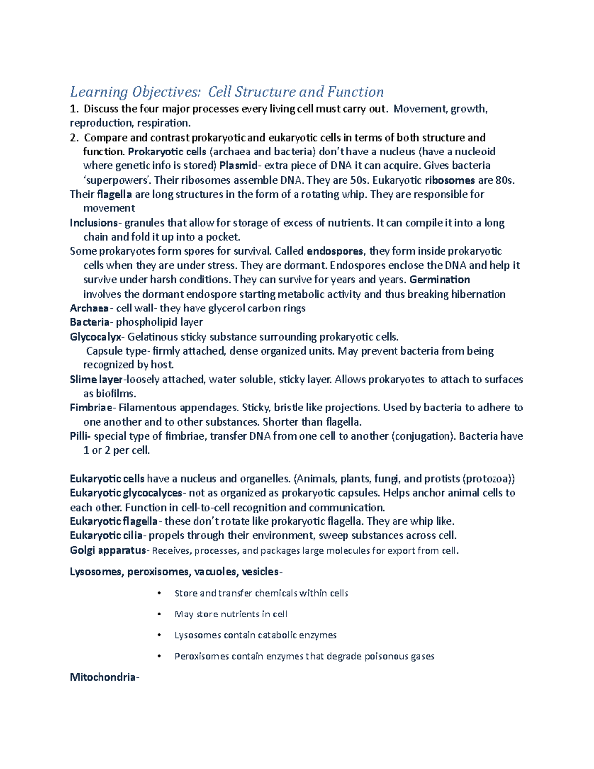 3 The Cell Learning Objectives - Learning Objectives: Cell Structure ...