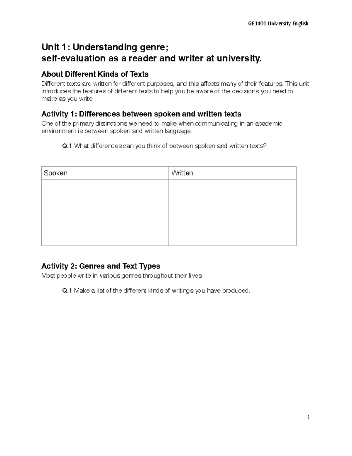 GE1401 Unit 1 - unit1 - Unit 1: Understanding genre; self-evaluation as a reader and writer at ...