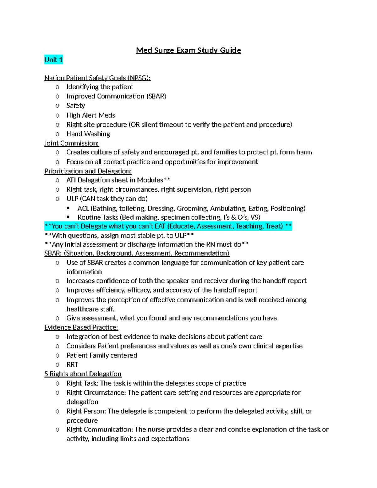 Med Surge Exam 1 Study Guide - Med Surge Exam Study Guide Unit 1 Nation ...
