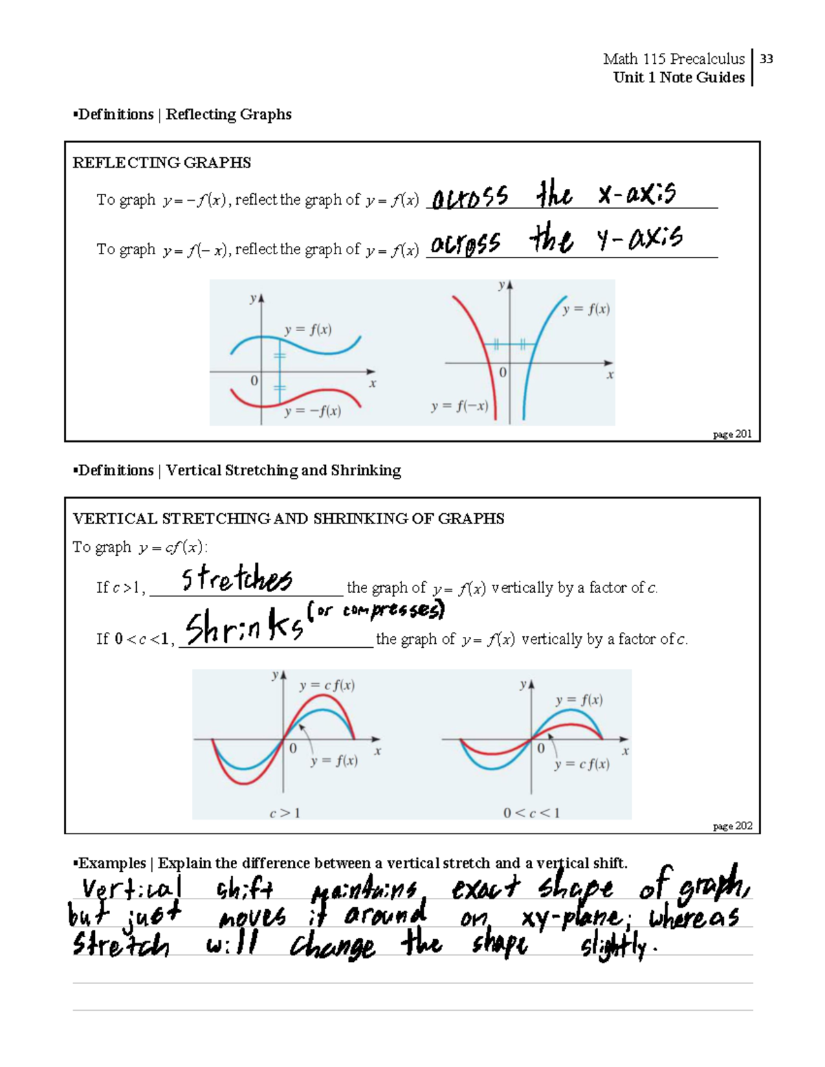 Precalculus Math 115 Precalculus Unit 1 Note Guides 33 Definitions Reflecting Graphs
