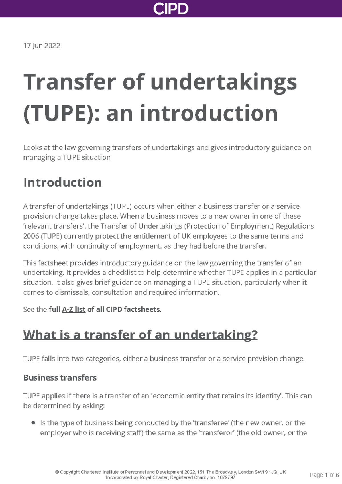 TUPE (CIPD) - CIPD TUPE Notes - 17 Jun 2022 Transfer of undertakings ...