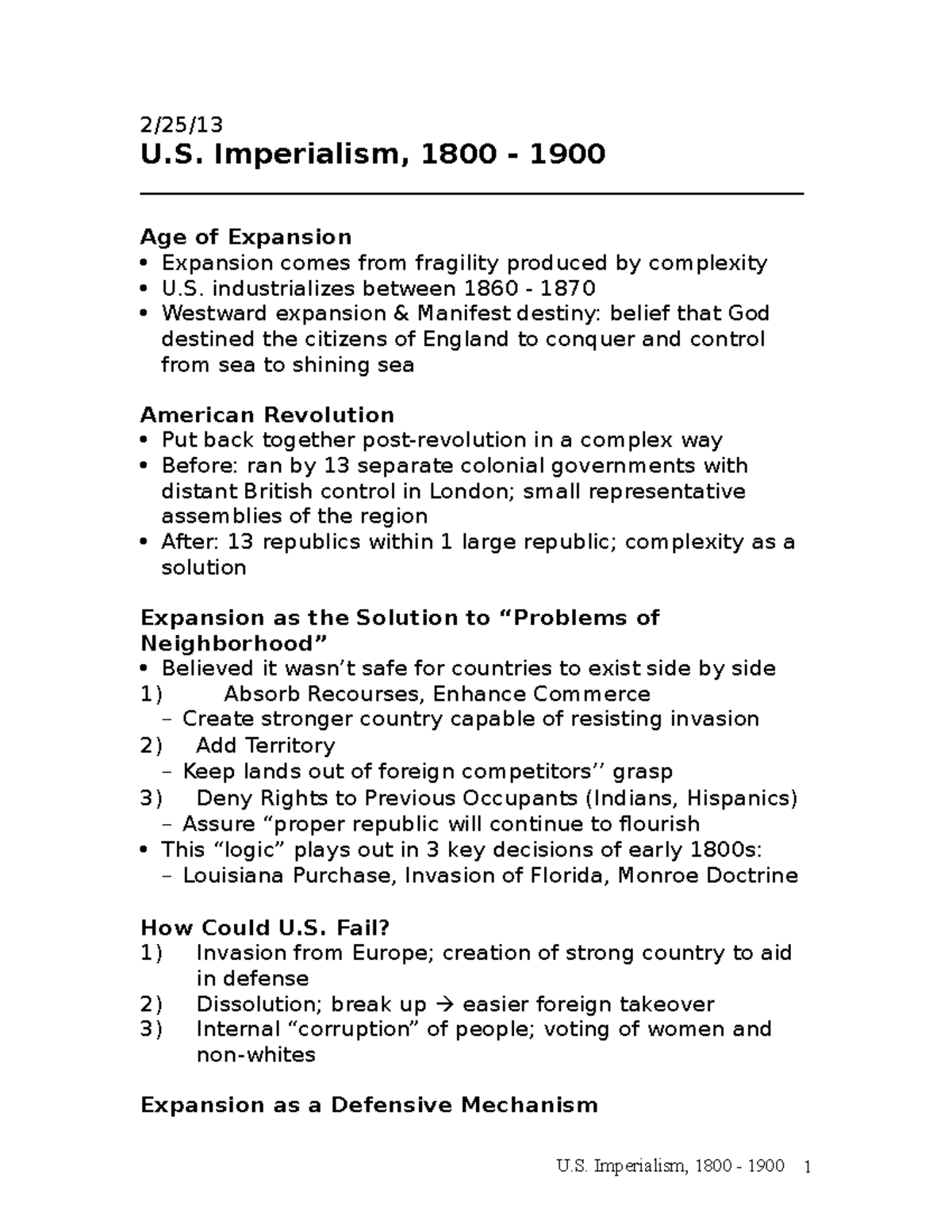 12 - U.S. Imperialism 2-25-13 - 2/25/13 U. Imperialism, 1800 - 1900 ...