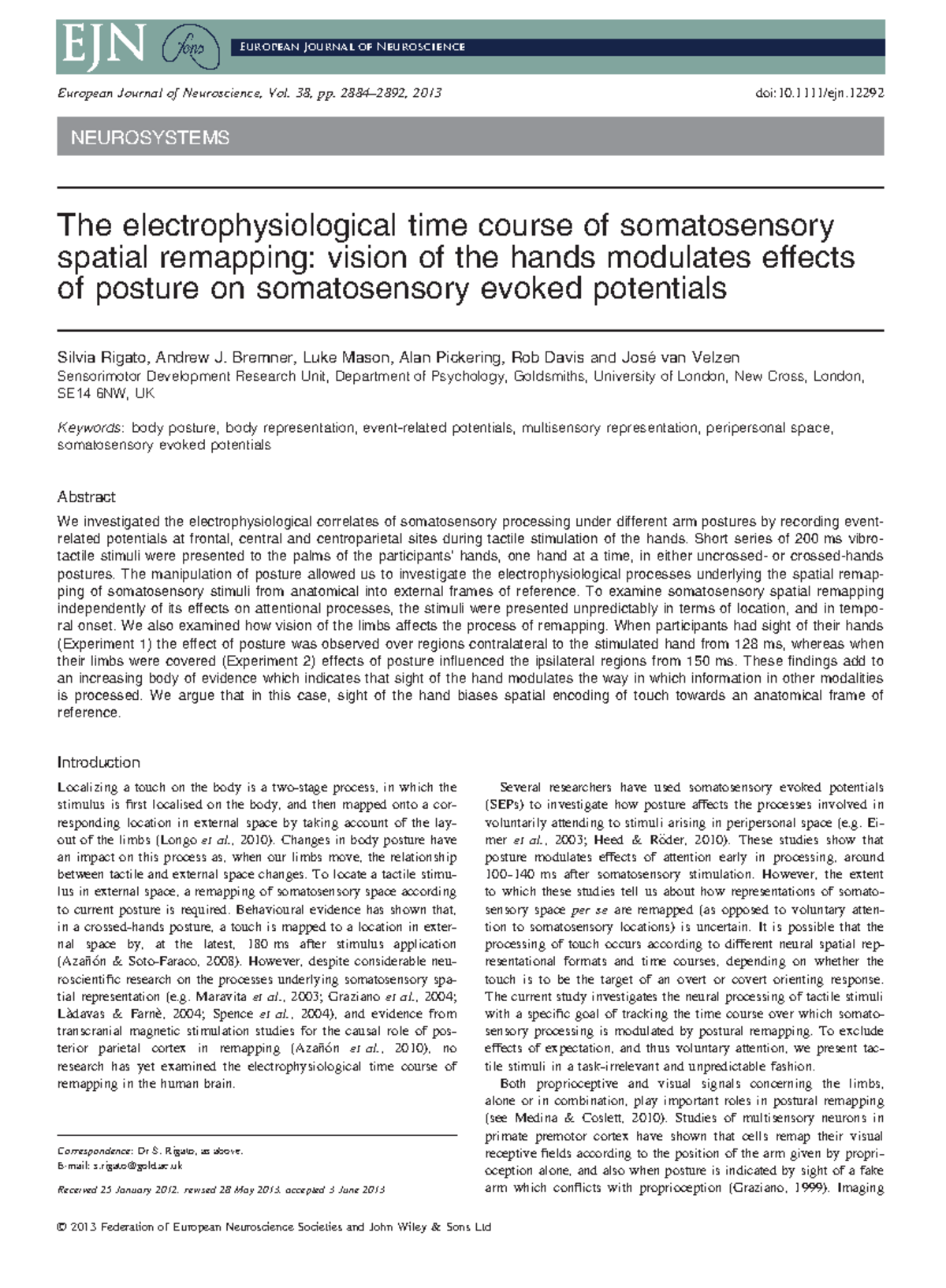 Andrew et al 2013 The EEG time course of somatosensory spatial ...