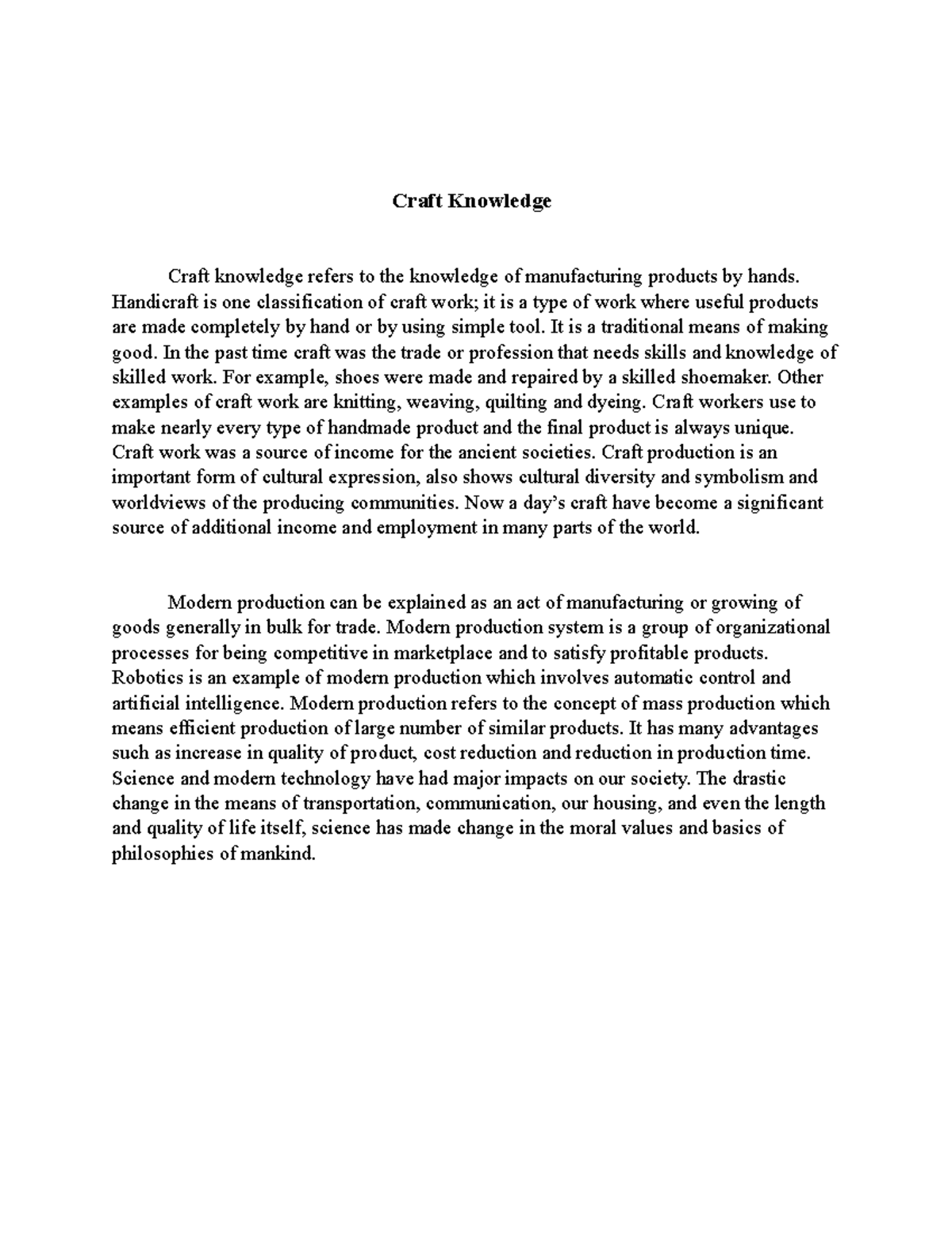 Craft Knowledge - Lecture notes 5 - Craft Knowledge Craft knowledge ...