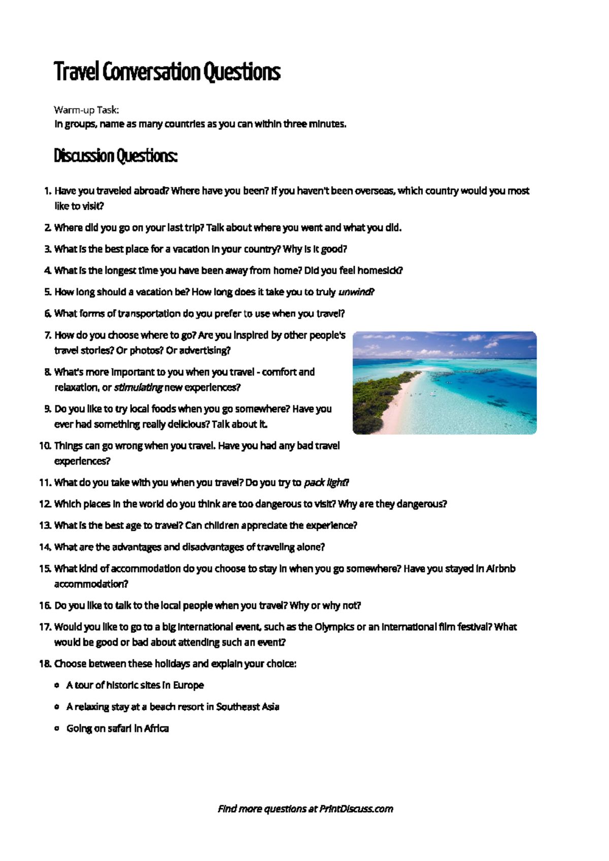Travel-questions - vocabulary - Travel Conversation Questions Task: In ...