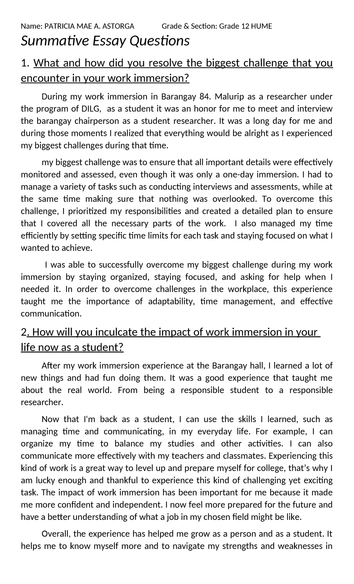 Summative Essay Questions - Name: PATRICIA MAE A. ASTORGA Grade ...