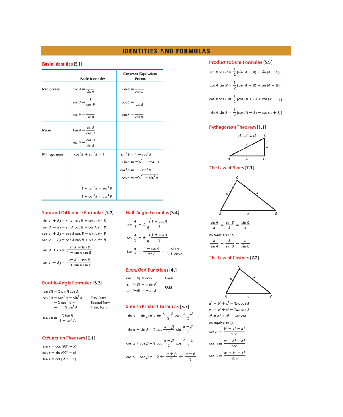 Formulario de Trigonometría - IDENTITIES AND FORMULAS Basic Identities ...