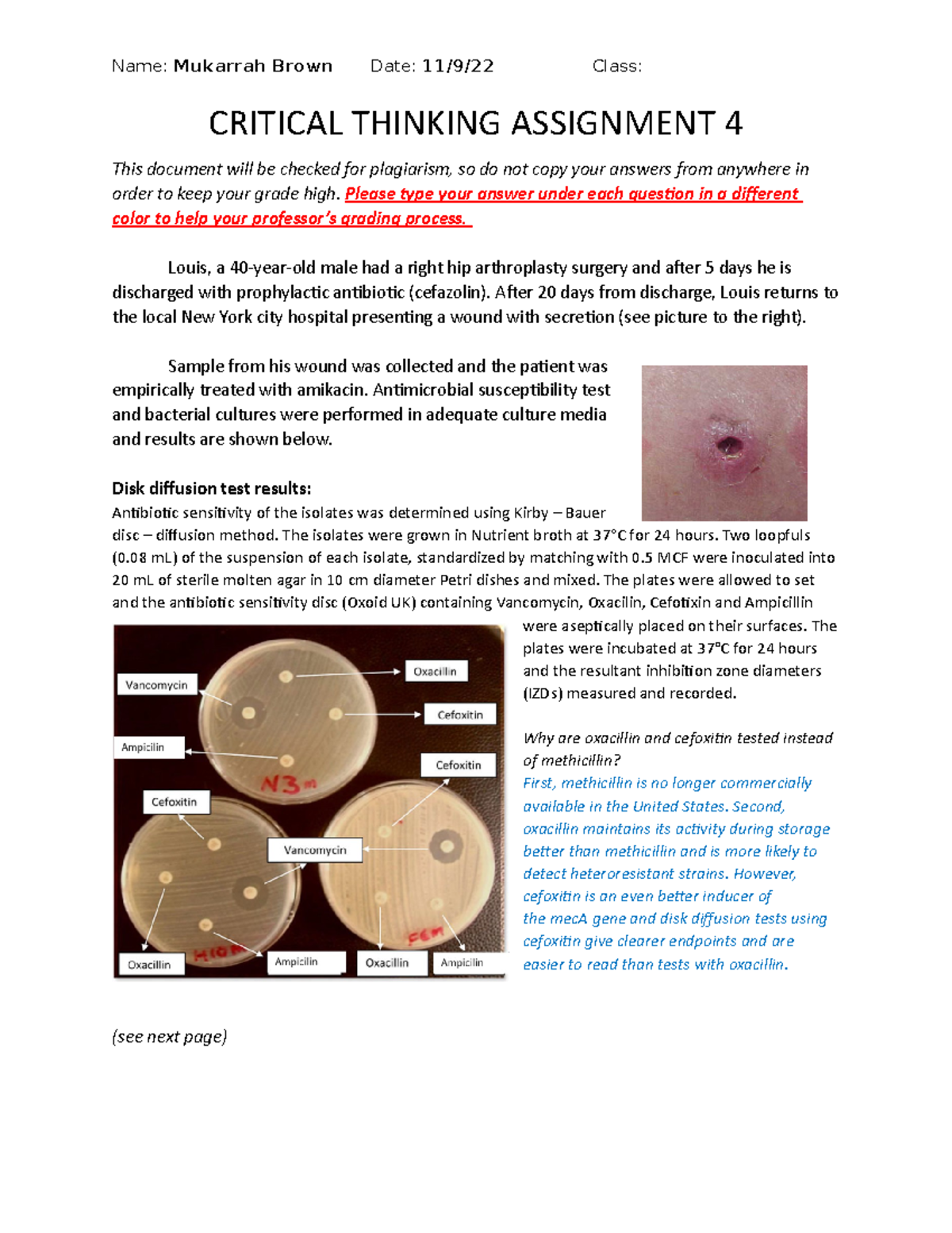 Critical Thinking Assignment 4 - Name: Mukarrah Brown Date: 11/9/22 Class: CRITICAL THINKING ...