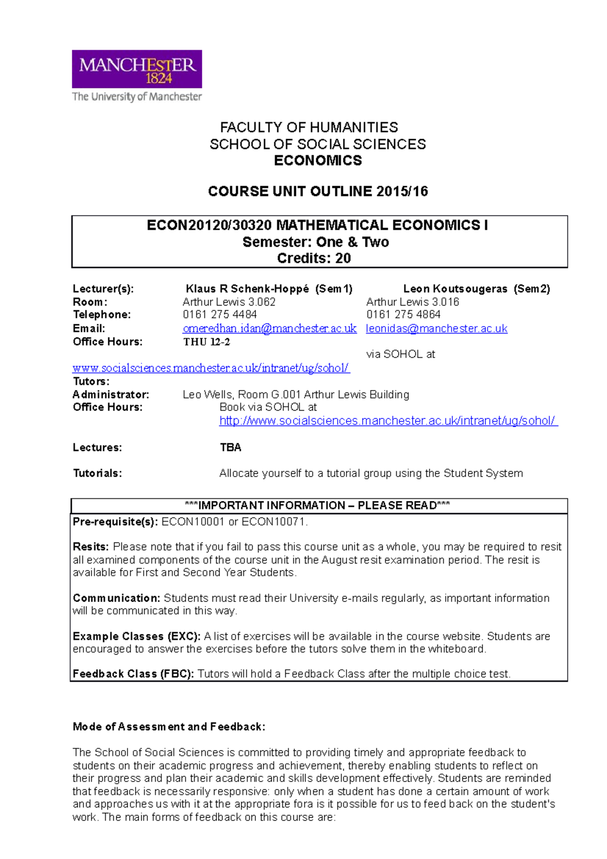 Practical - Course unit outline 2015/16 - FACULTY OF HUMANITIES SCHOOL ...