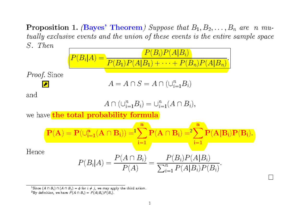 Part2-3 - Part 2 Probability and Distributions - Proposition 1. (Bayes’ Theorem) Suppose that B ...