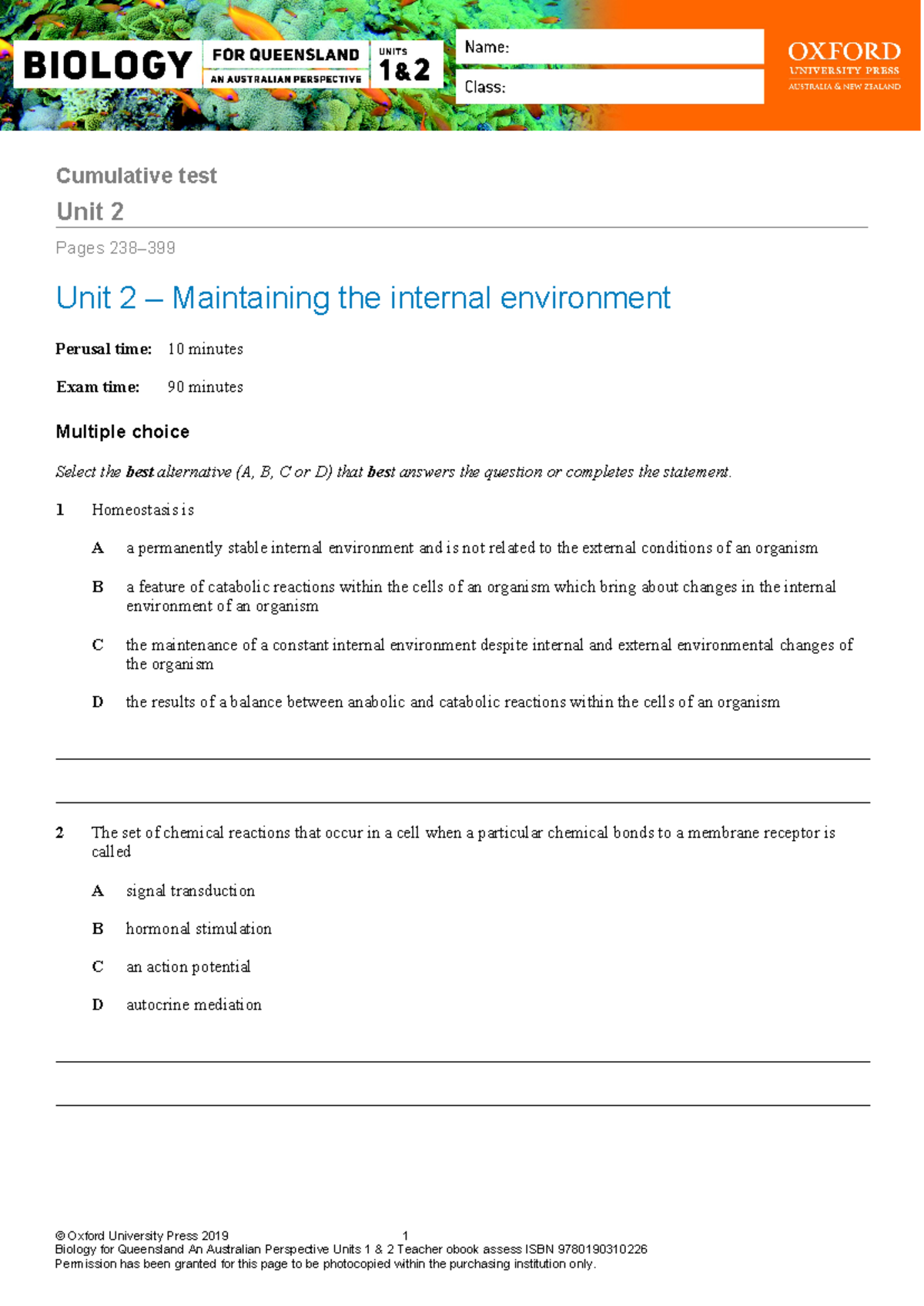 QLD BIO1&2 Unit 2 Cumulative Test - Cumulative test Unit 2 Pages 238 ...