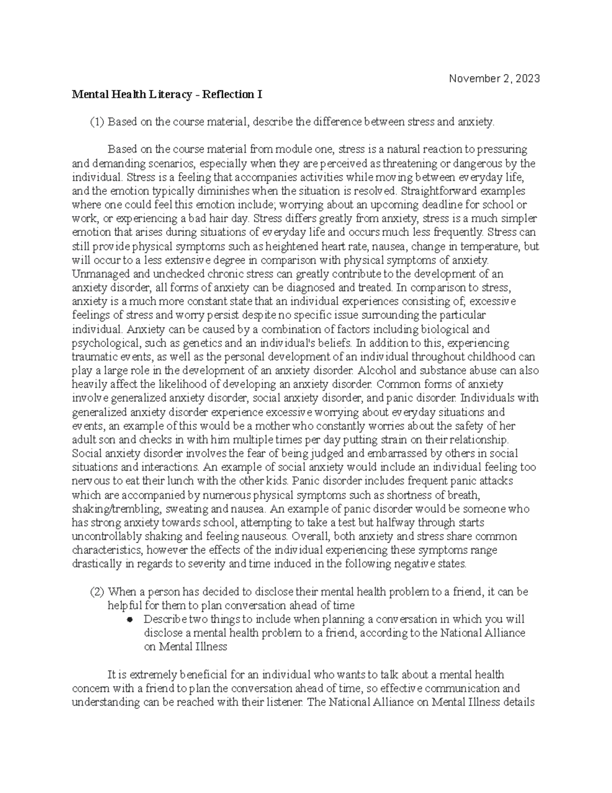 UU100 - Reflection I - notes - November 2, 2023 Mental Health Literacy ...