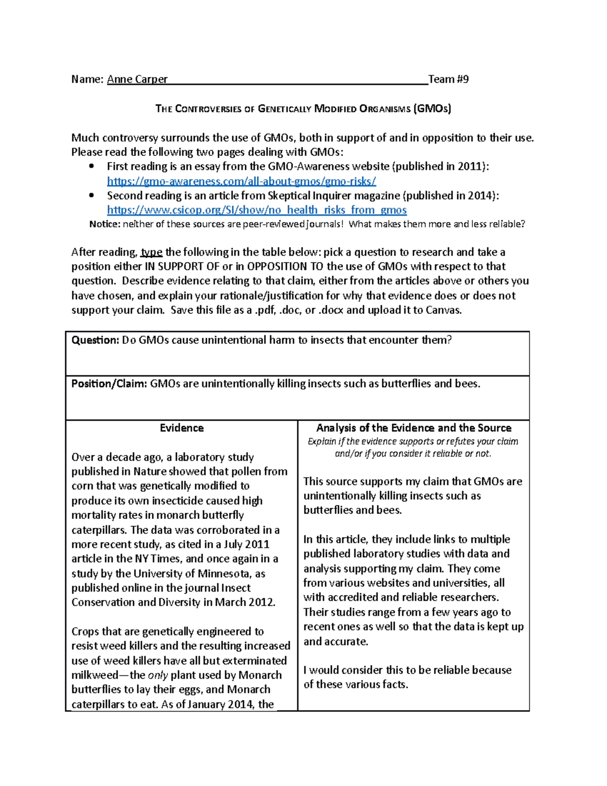 GMO Controversy Worksheet - Name: Anne Carper Team # THE CONTROVERSIES ...