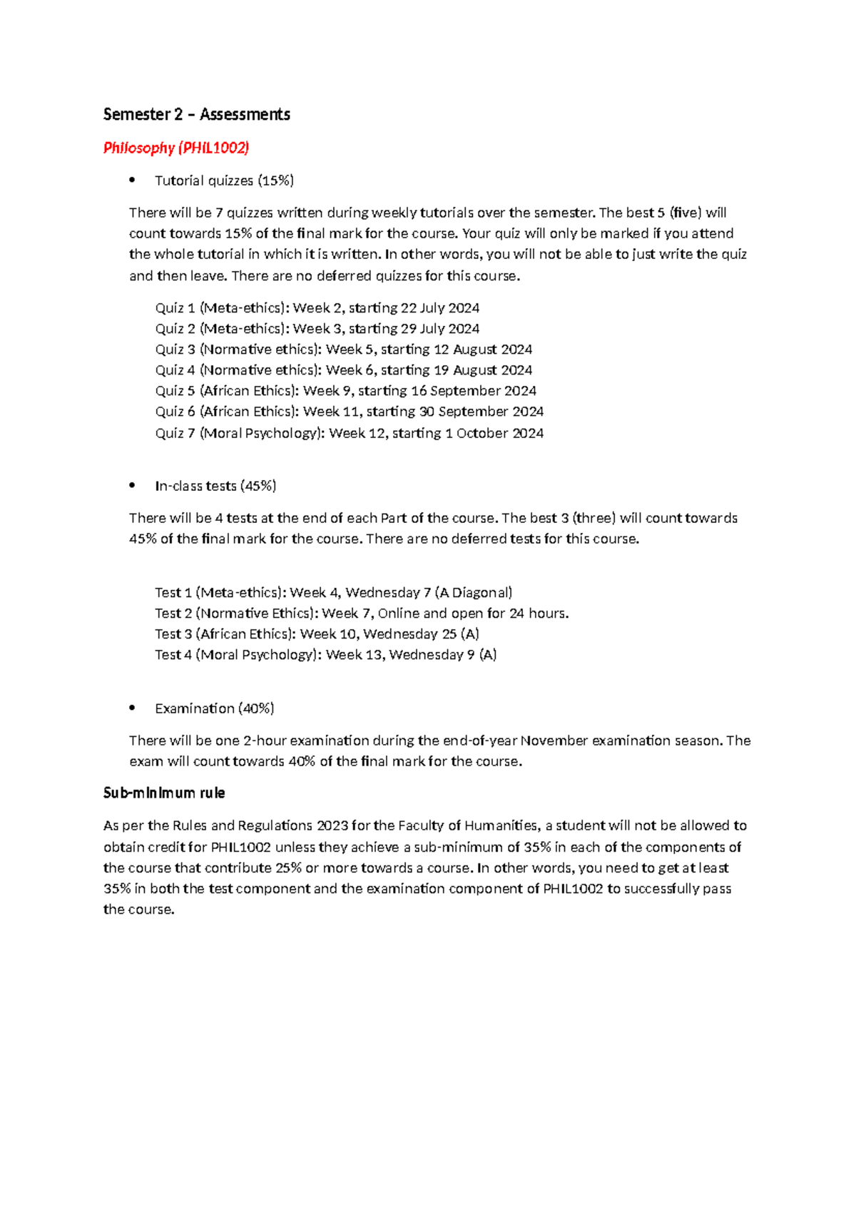 Sem 2 Assessments - Semester 2 – Assessments Philosophy (PHIL1002 ...